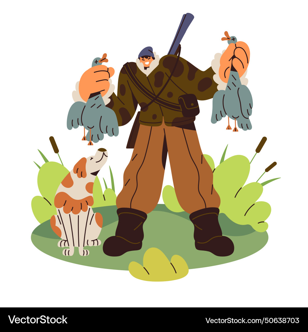 Happy hunter holds trophy dead ducks in hands Vector Image
