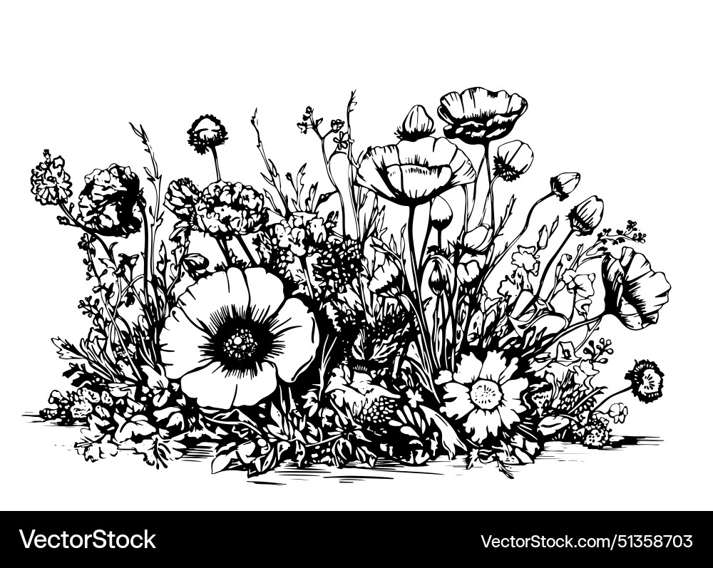 Wild flower field border hand drawn sketch Vector Image