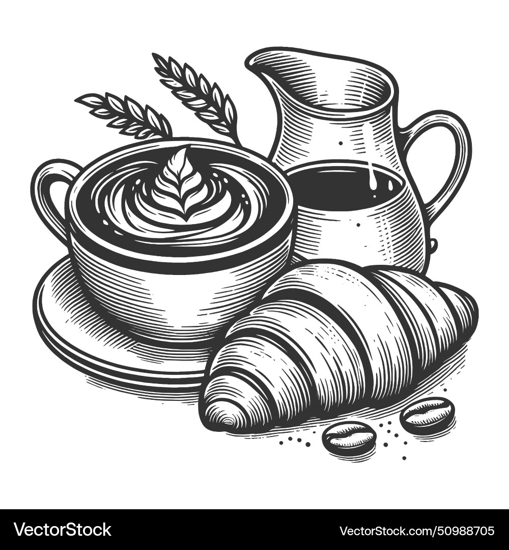 Latte art coffee and croissant breakfast Vector Image