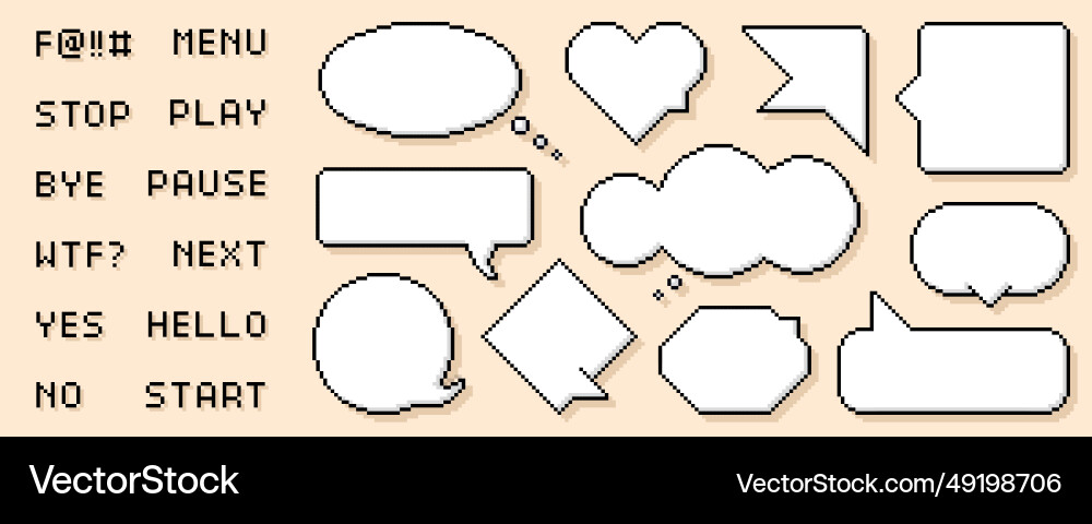 Pixel speech bubbles with set of game words Vector Image