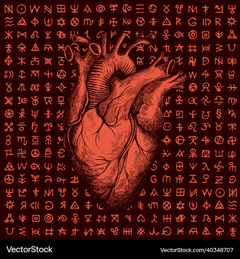 Banner with red human heart and old magic runes Vector Image