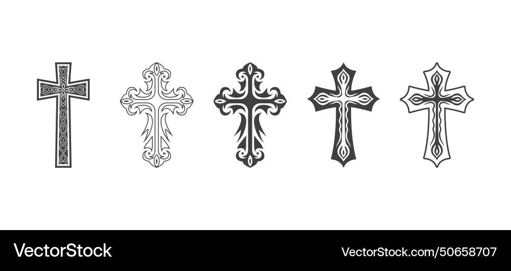 Flat black christian cross icons set Royalty Free Vector