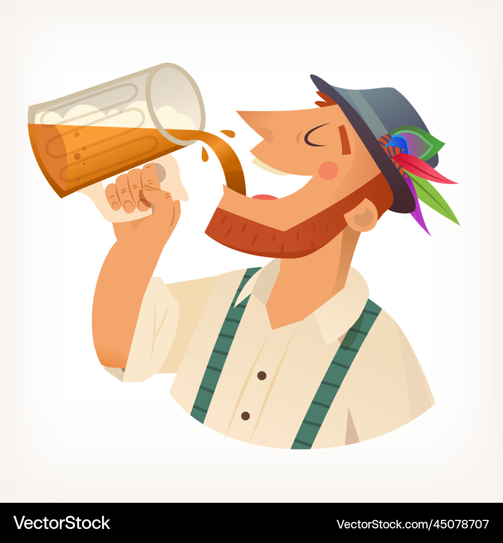 Ginger man with beard in hat drinking beer Vector Image