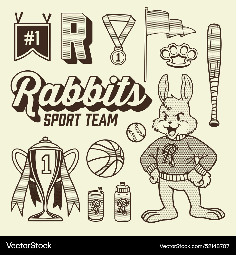 Rabbit mascot vintage hand drawn object set Vector Image