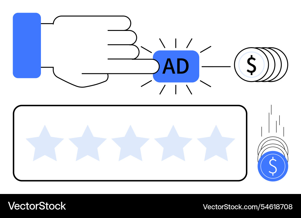 Hand clicking ad button with dollar coins and star