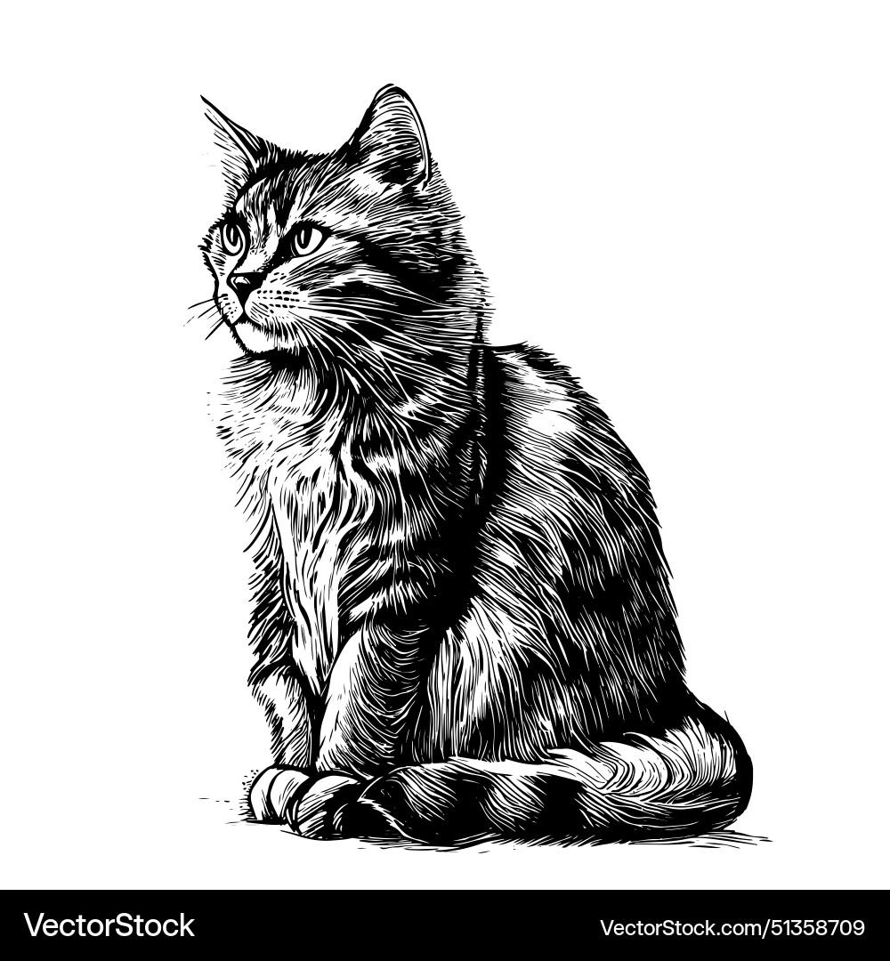 Fluffy cat sitting hand drawn sketch Royalty Free Vector