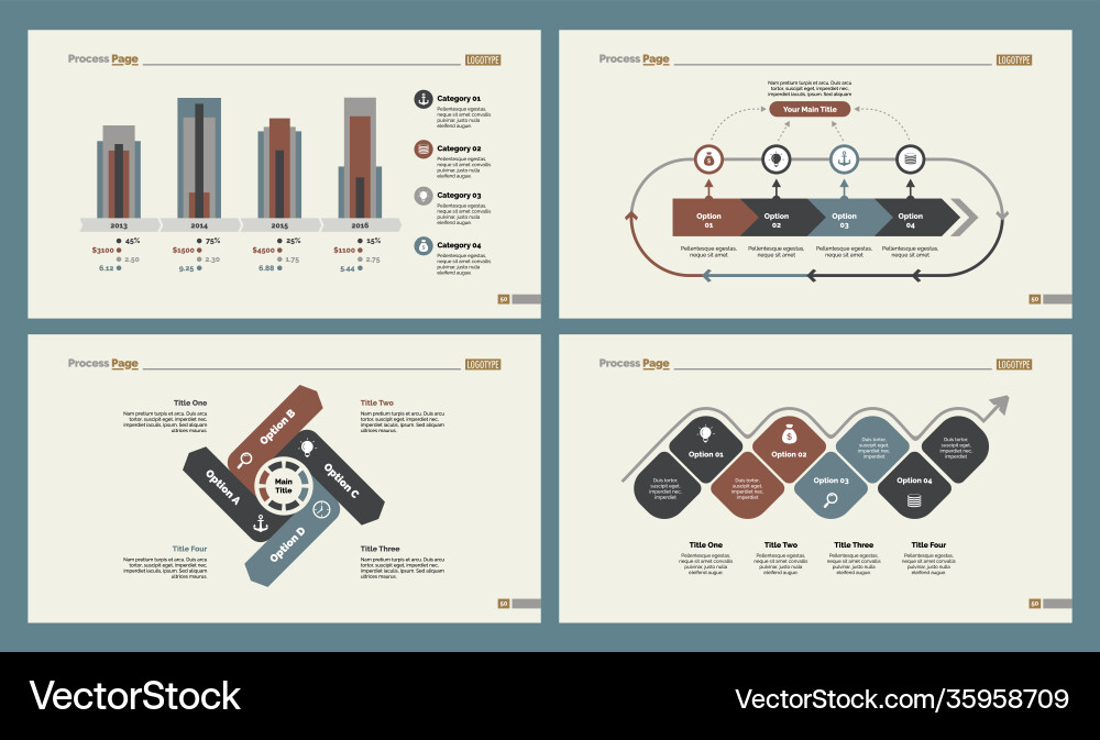 Four production charts slide templates set Vector Image