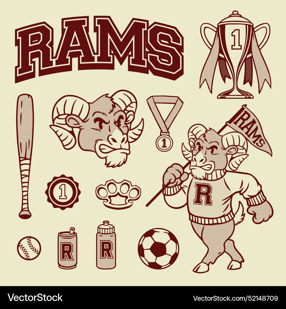 Ram mascot vintage hand drawn object set Vector Image