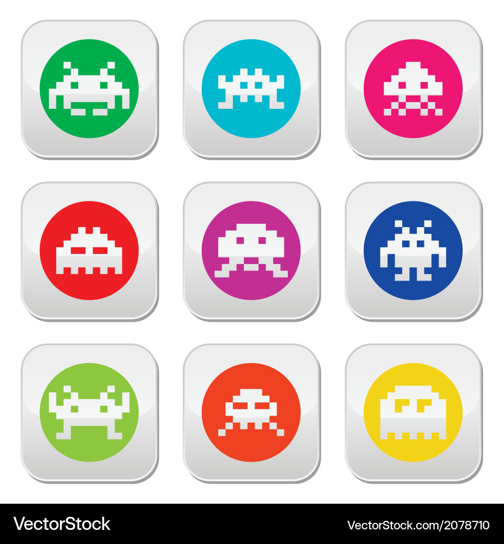 Space invaders 8-bit aliens round icons set Vector Image