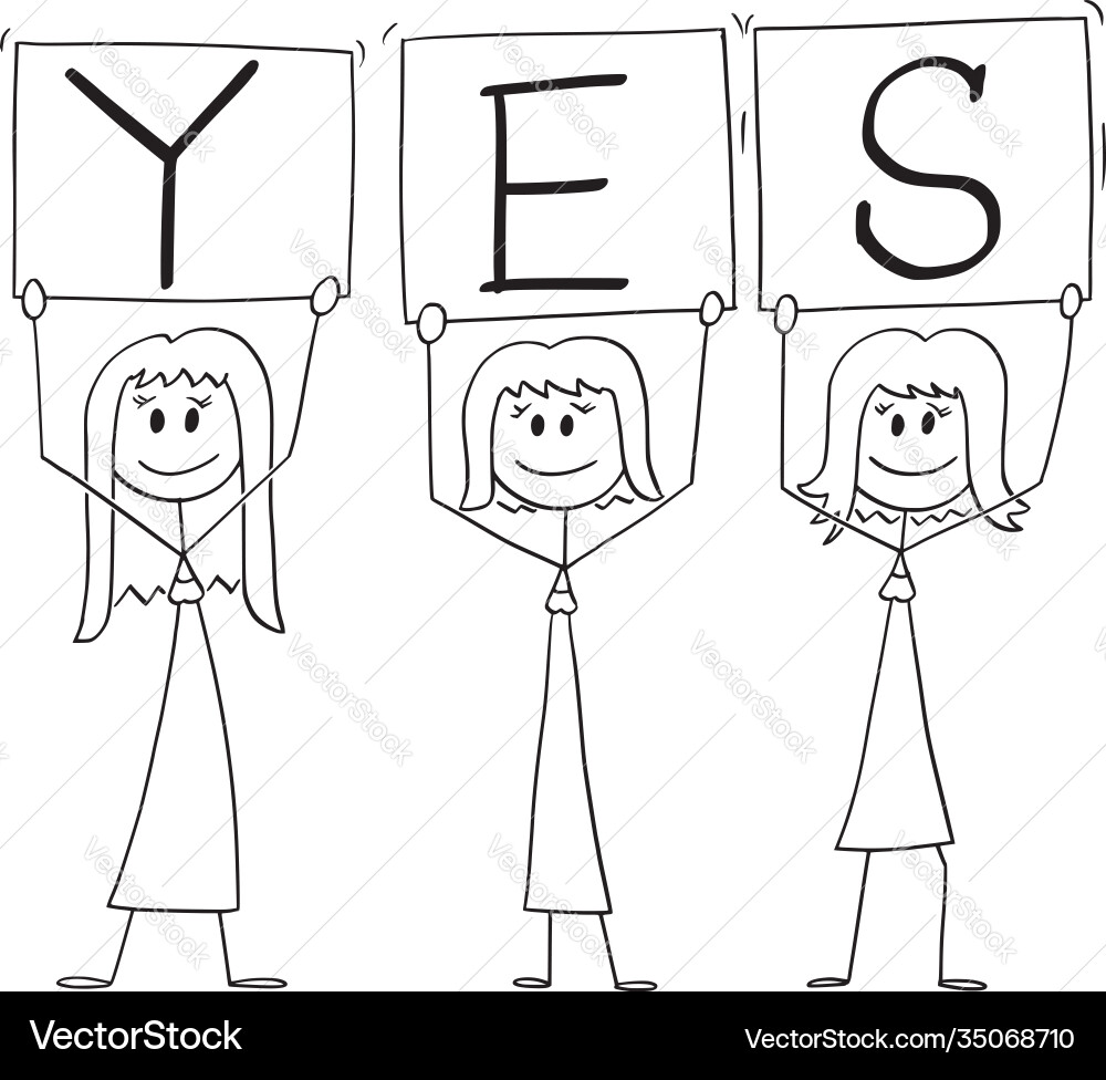 Three Smiling Women with Yes Signs Royalty Free Vector Image