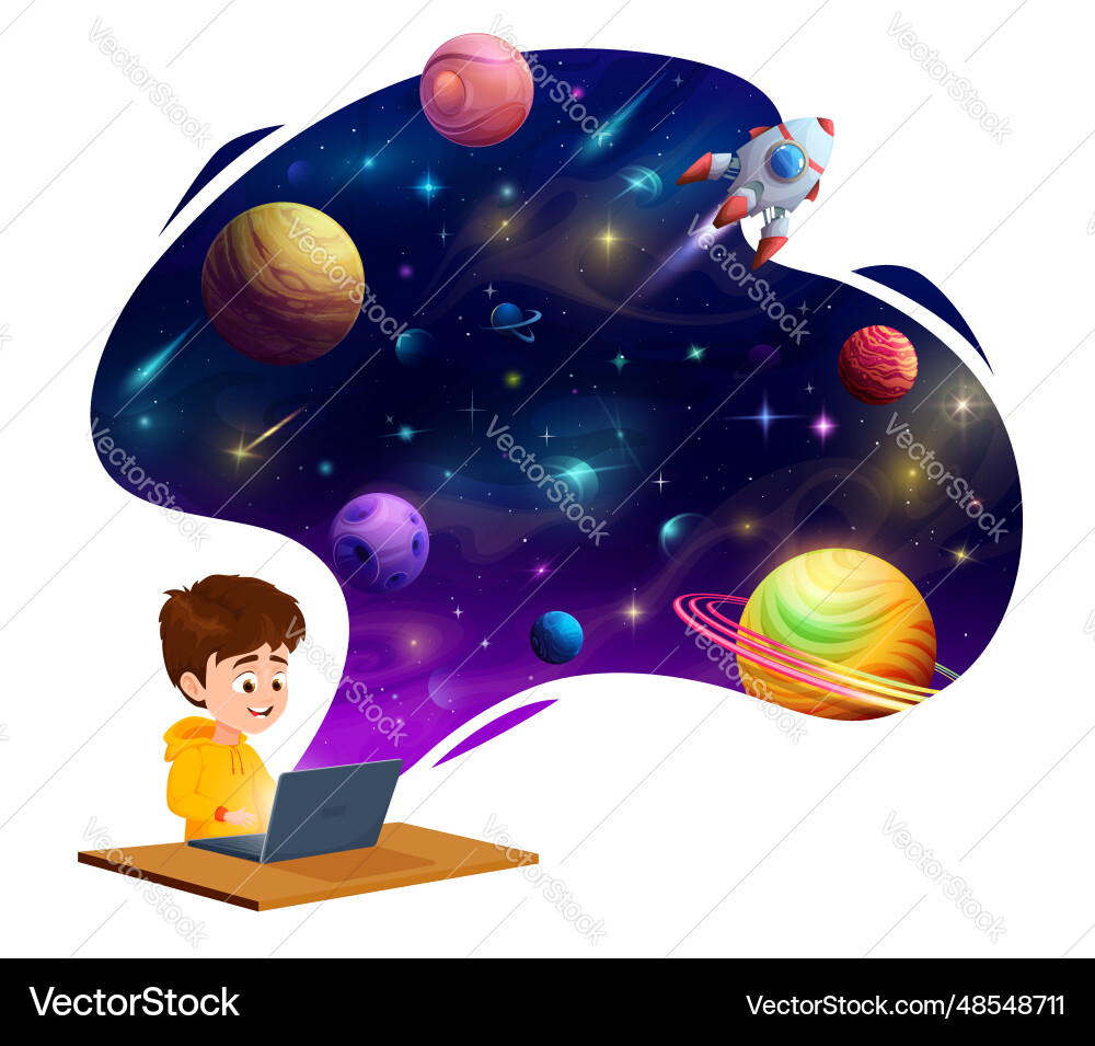 Cartoon boy with laptop dreaming about space Vector Image