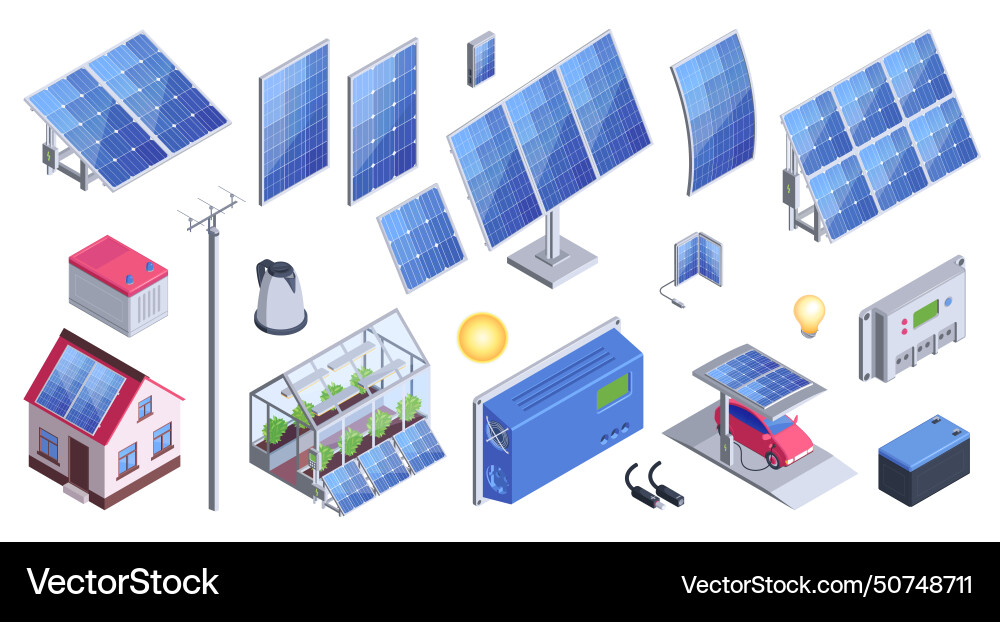 Solar energy equipment isometric set Royalty Free Vector