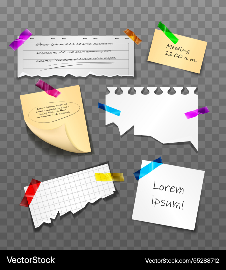 Assorted paper notes and taped sheets Royalty Free Vector