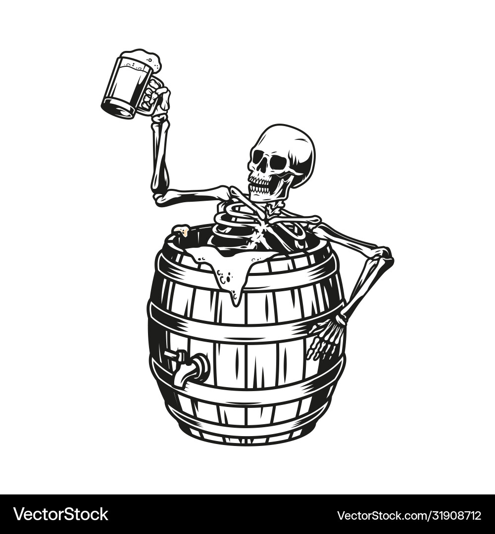 Skeleton sitting in beer wooden barrel Royalty Free Vector