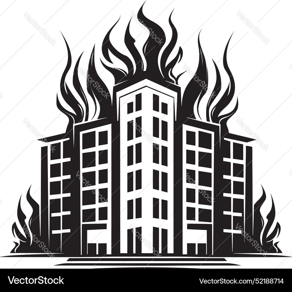 Disaster emblem burning building black logo Vector Image