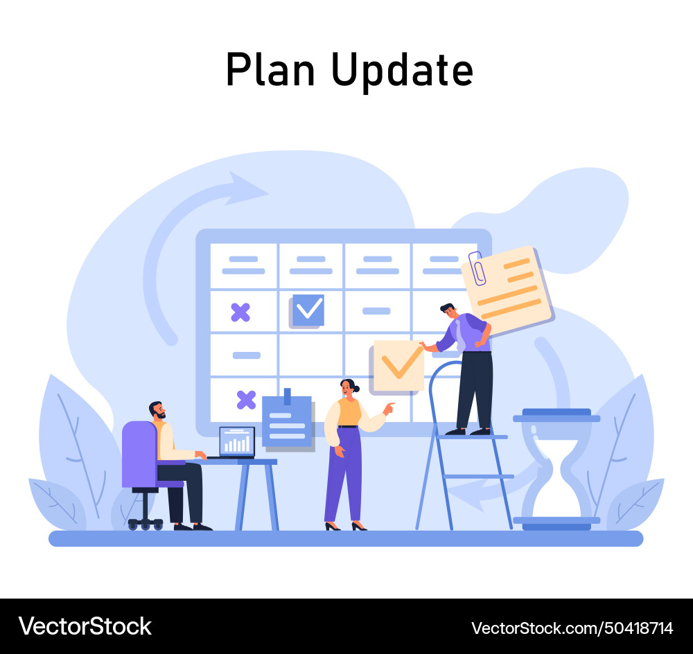 Team collaboratively updating a monthly schedule Vector Image