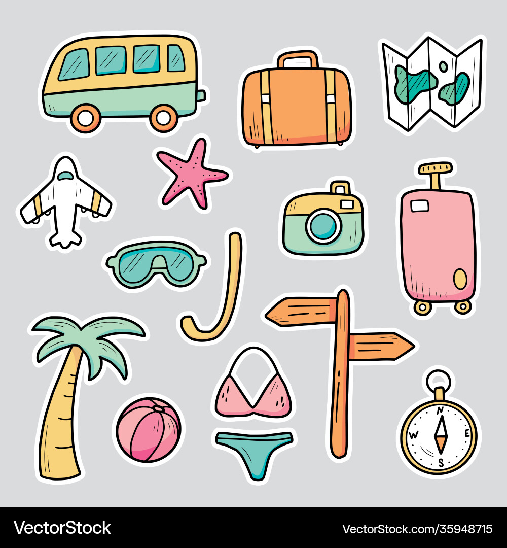 Hand drawn stickers set travel Royalty Free Vector Image