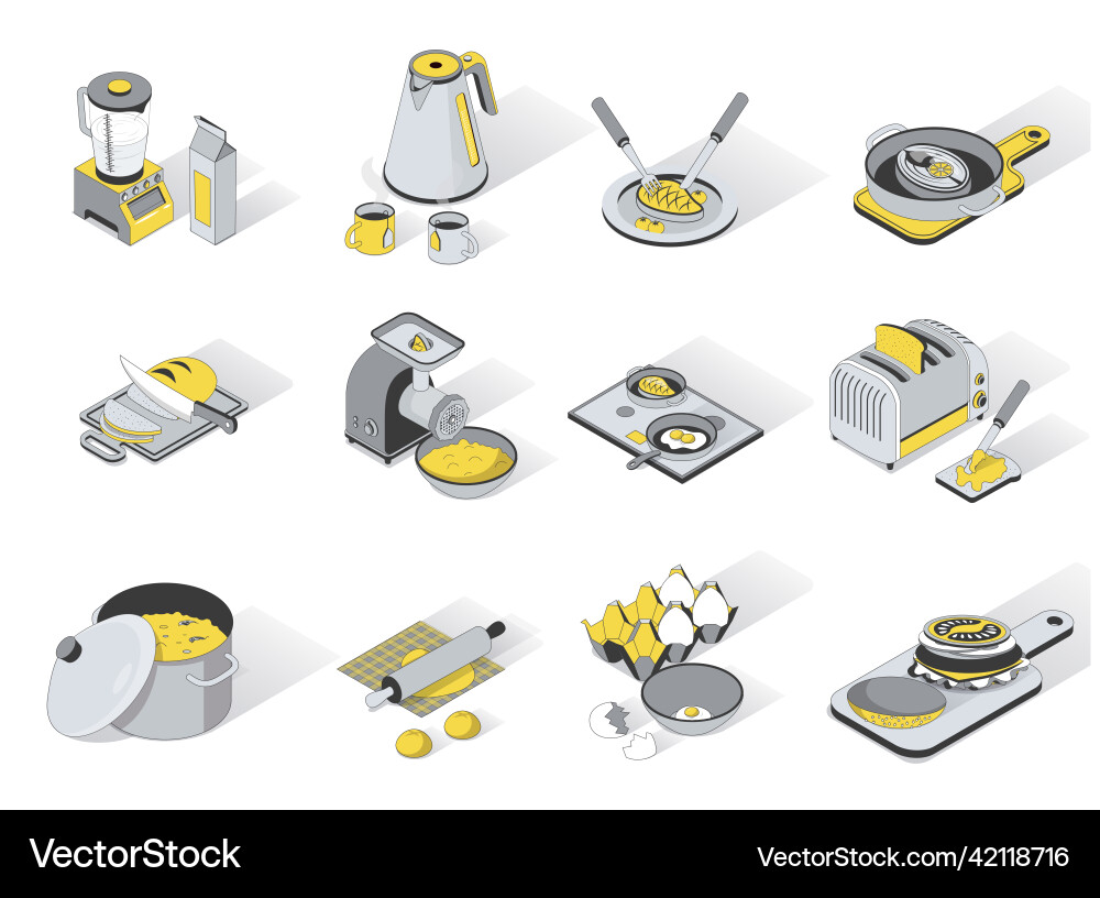 Kitchen utensils 3d isometric icons set pack Vector Image