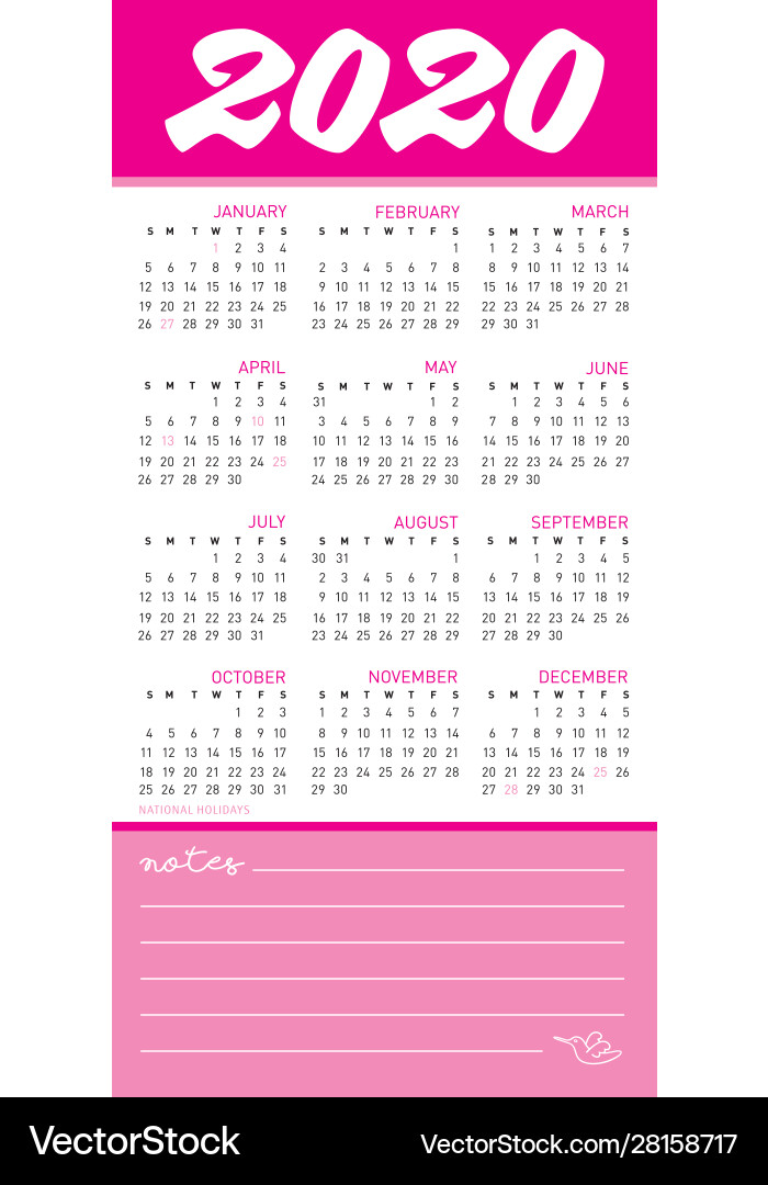 2020 calendar Royalty Free Vector Image - VectorStock