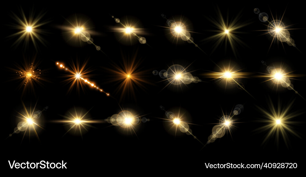 Gold lens flares set isolated on black background Vector Image