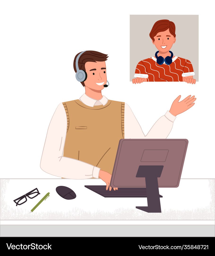 Consultant with headset and computer talking Vector Image