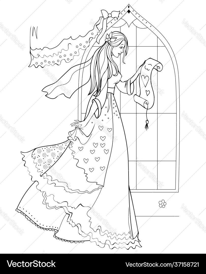 Medieval Princess Coloring Page Royalty Free Vector Image