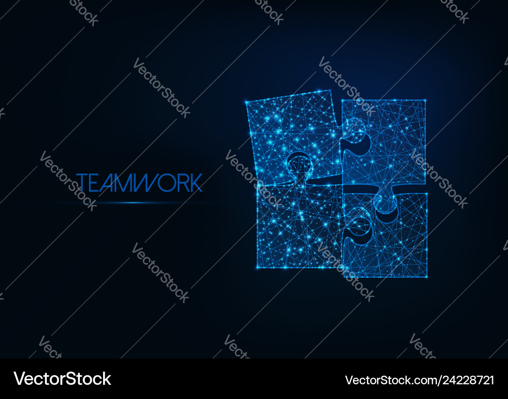 Teamwork concept with four glowing low poly jigsaw