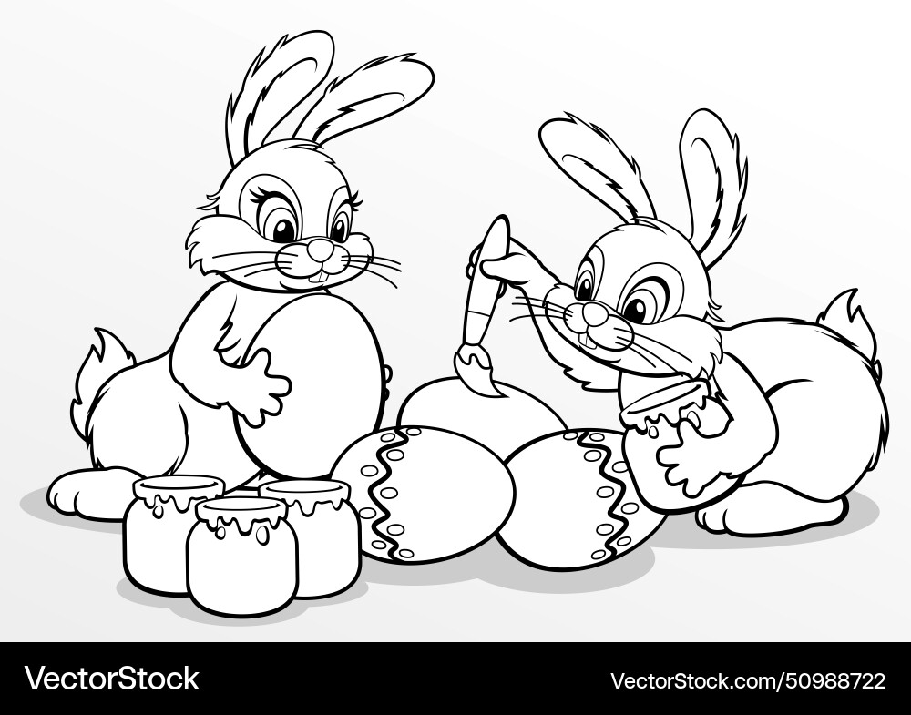 Coloring easter bunnies paint eggs Royalty Free Vector Image