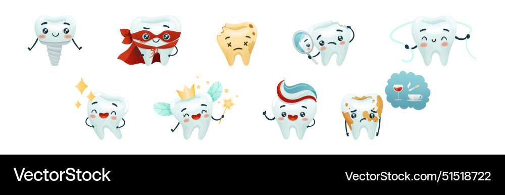 Cute tooth character with smiling face set Vector Image
