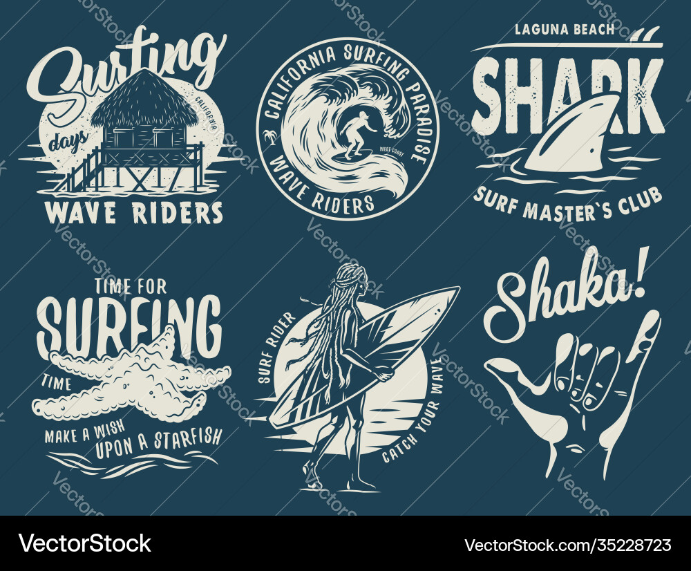 Summer surfing print set with surfer shaka wave Vector Image