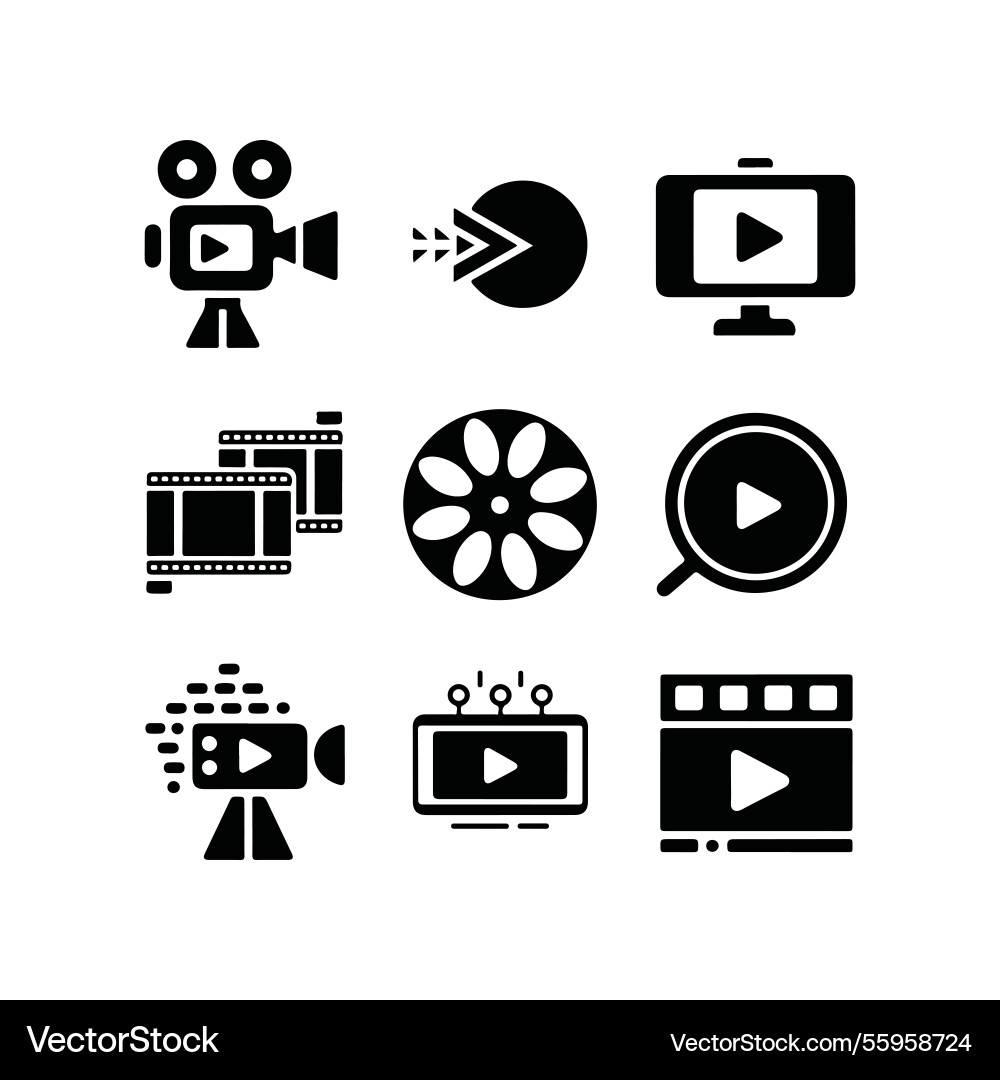 Video icon set containing camera play Royalty Free Vector