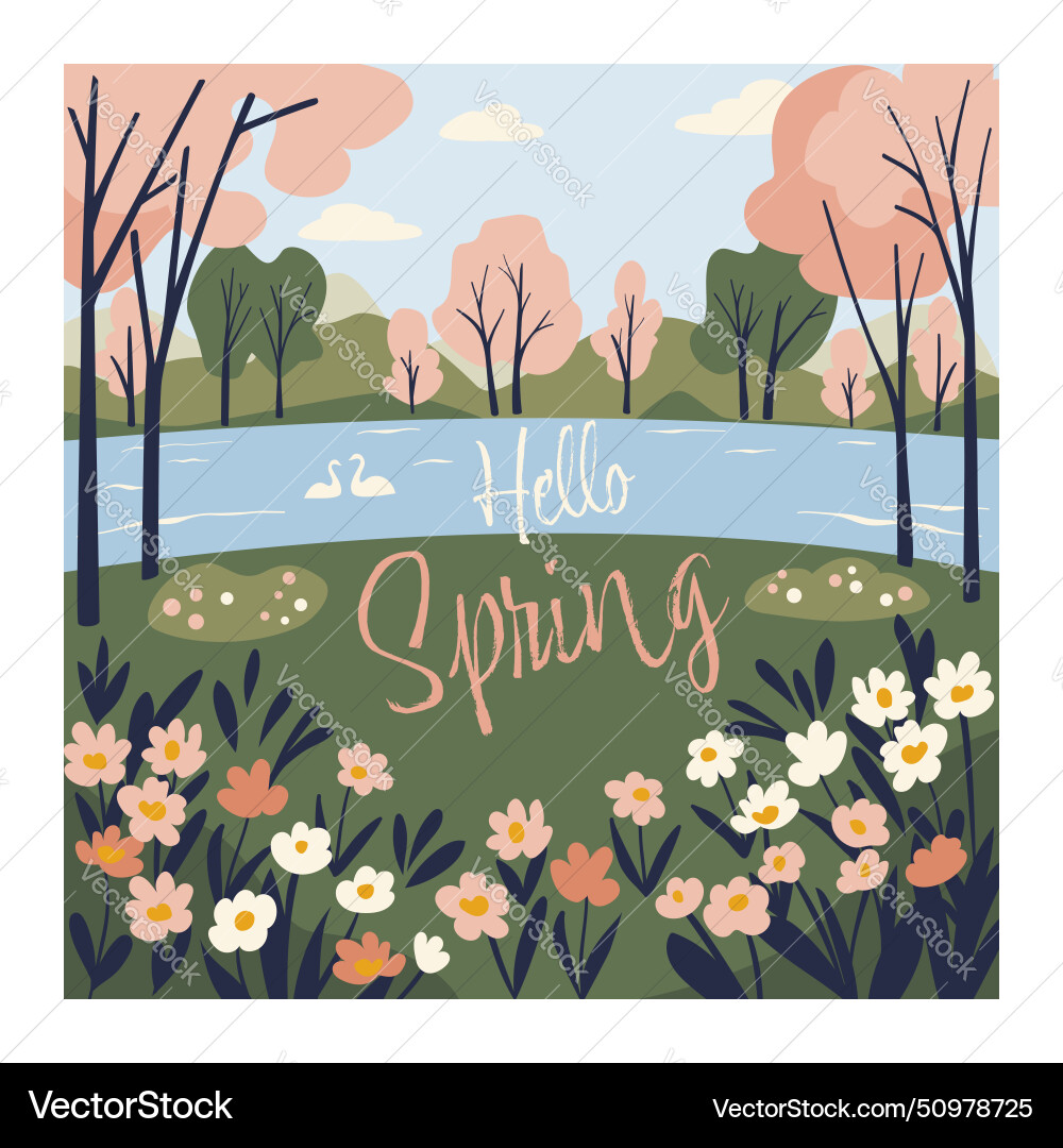 Spring park with pink blooming tree Royalty Free Vector