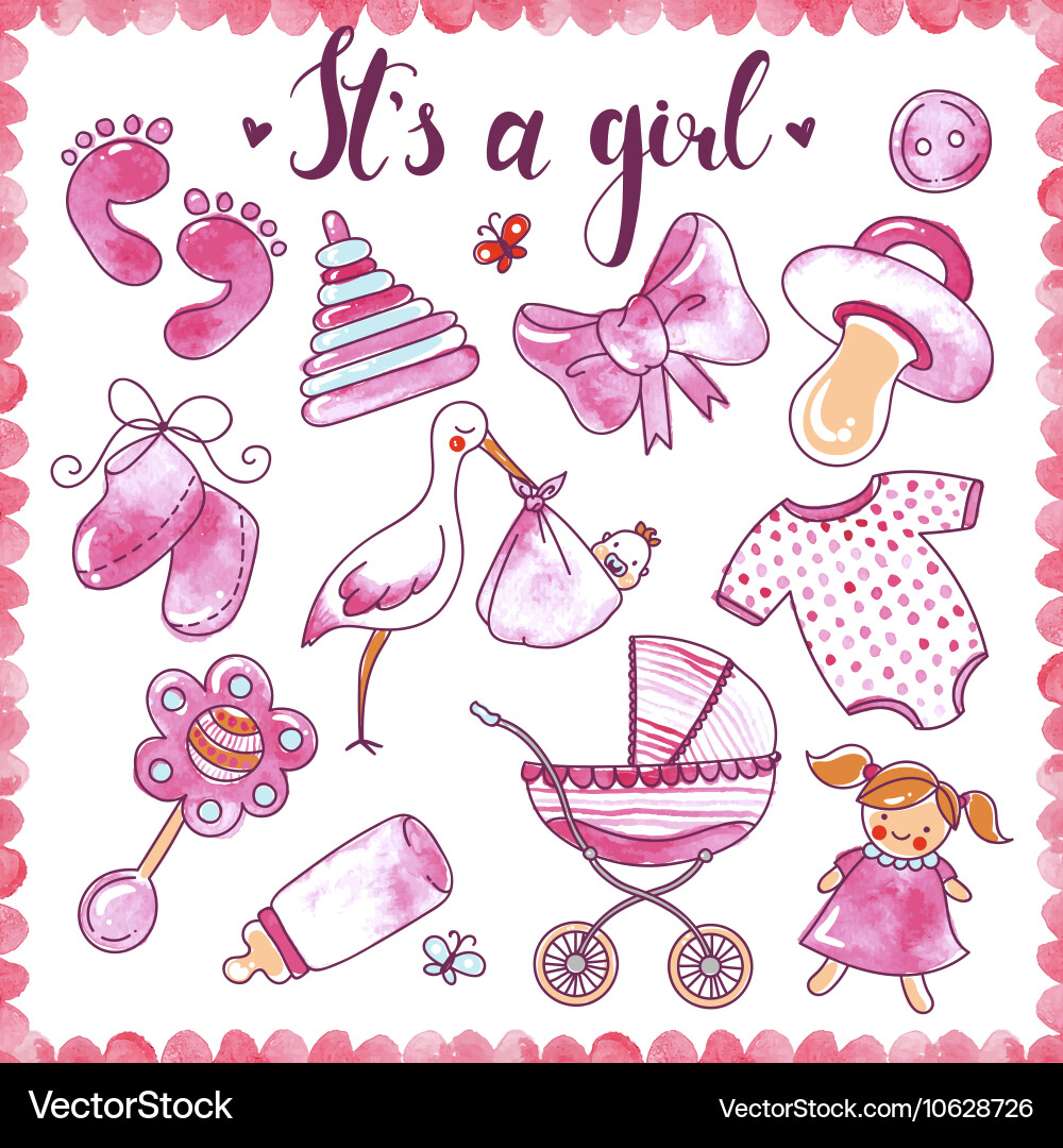 Newborn girl hand drawn elements set Royalty Free Vector