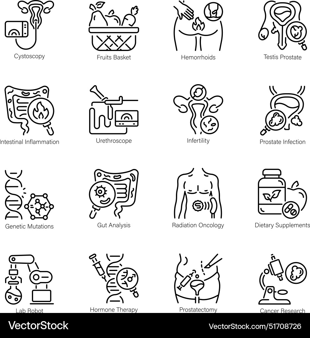 Set of prostate cancer linear icons Royalty Free Vector