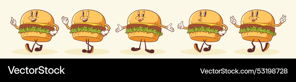 Groovy burger retro characters set cartoon Vector Image