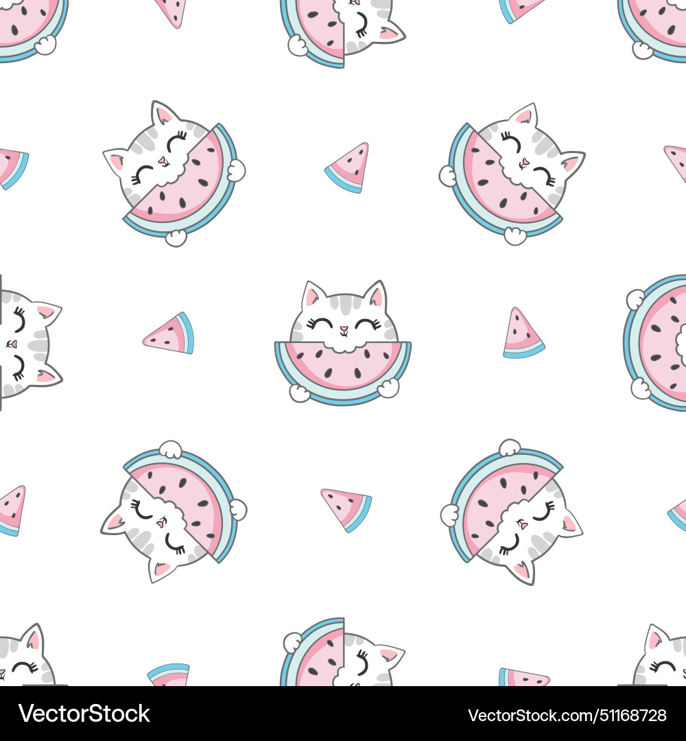 Hand drawn cute cat and watermelon seamless Vector Image