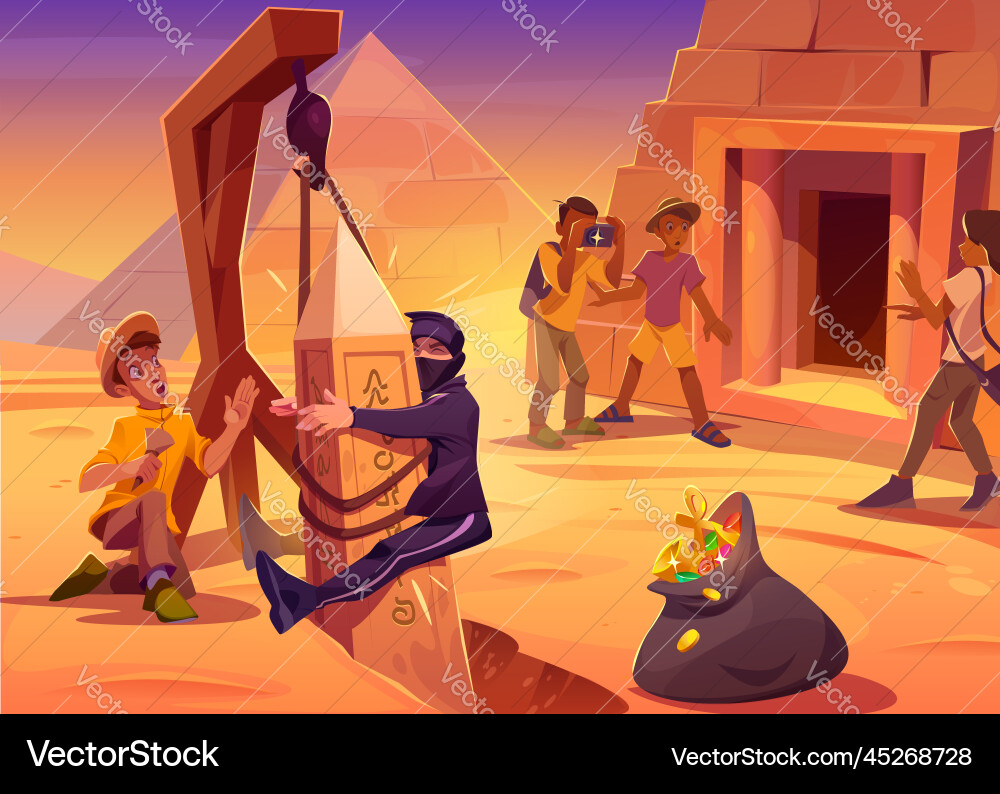 Thief run from pyramid and crash into obelisk Vector Image
