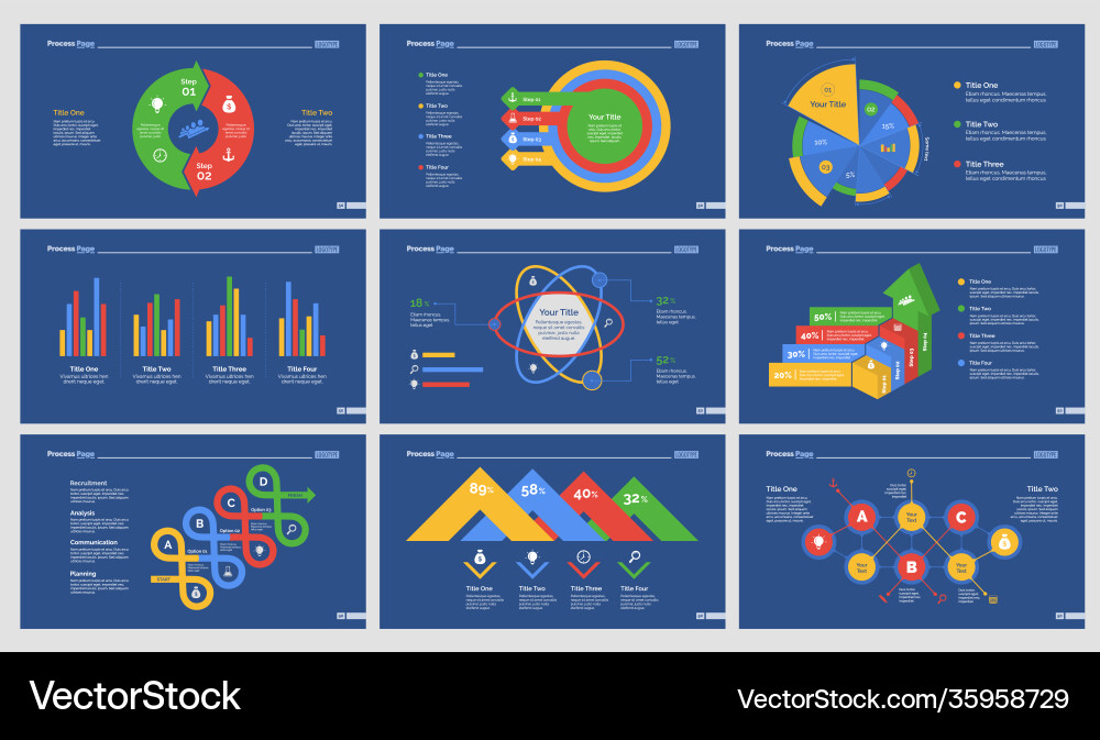 Nine statistics slide templates set Royalty Free Vector
