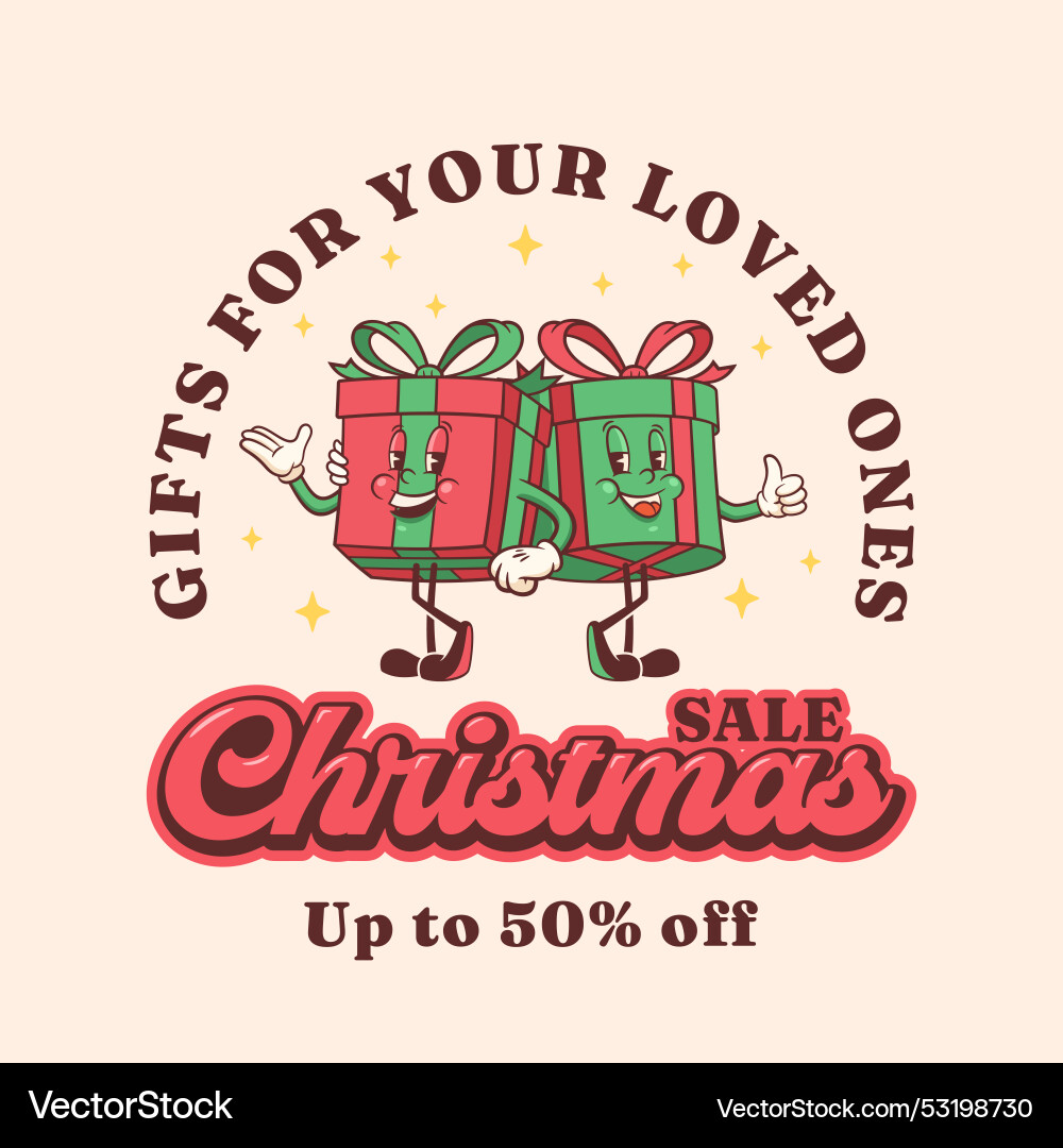 Christmas groovy gift box retro characters sale Vector Image