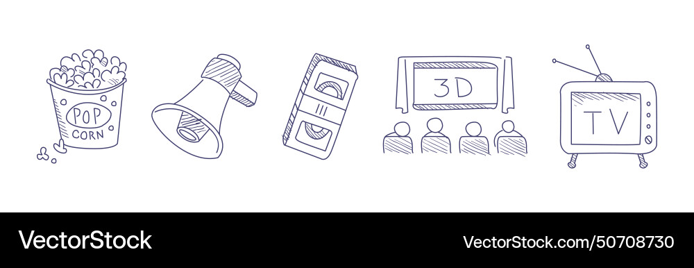 Cinema object and item pen drawing line set Vector Image