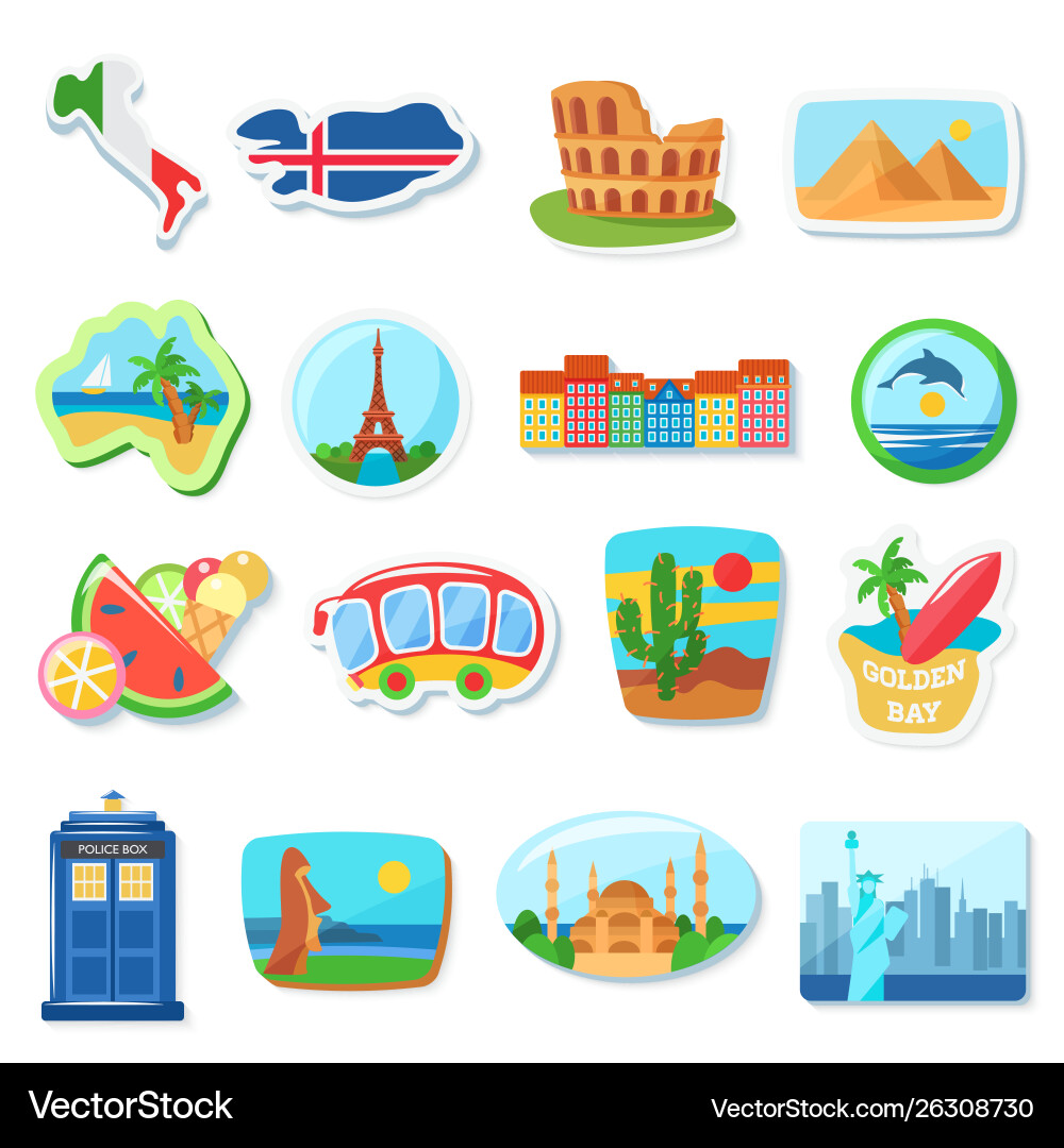 Fridge Magnets: Travel & Landmarks Royalty Free Vector
