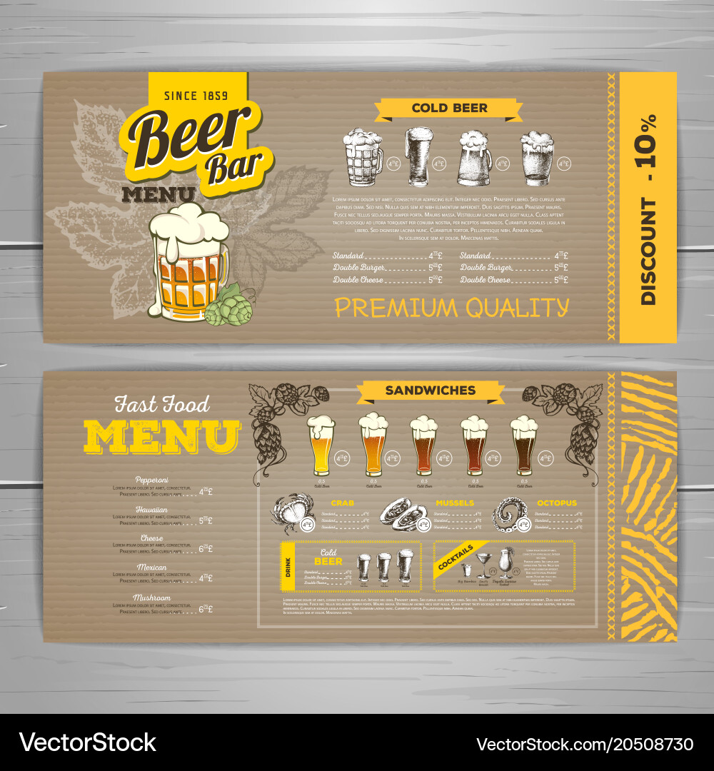 Vintage beer menu design on cardboard background Vector Image