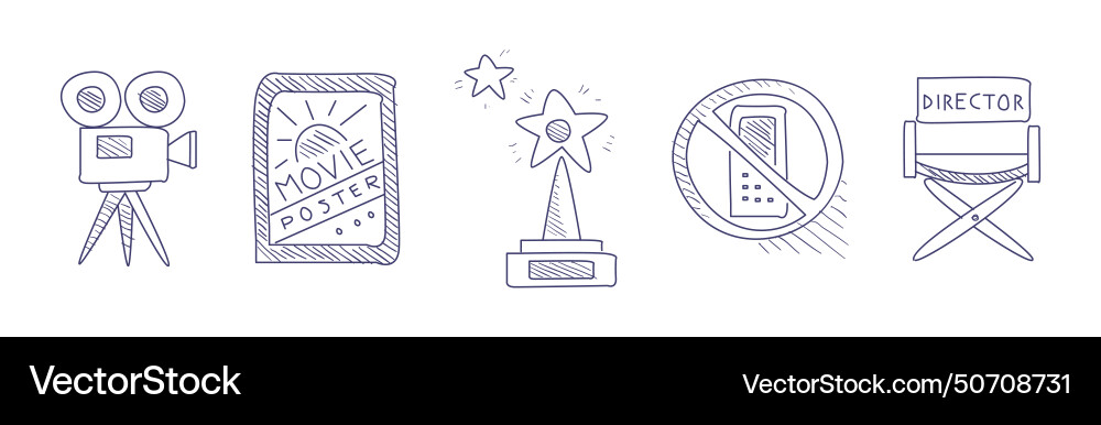 Cinema object and item pen drawing line set Vector Image