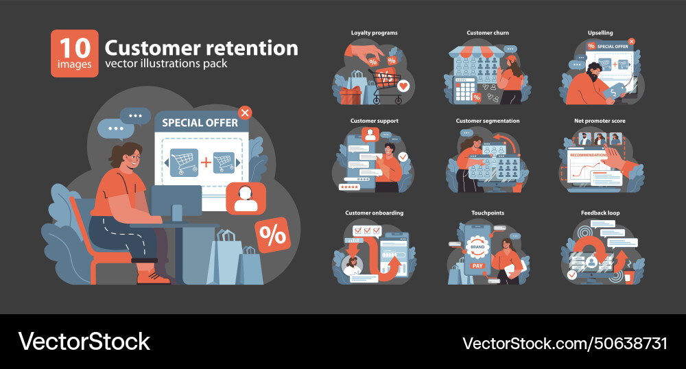 Customer retention set strategies boosting client Vector Image Customer retention set strategies boosting client Vector Image