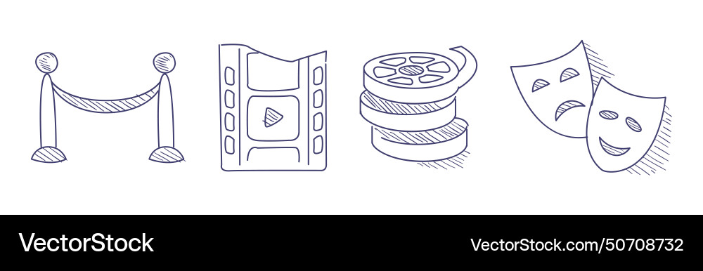 Cinema object and item pen drawing line set Vector Image