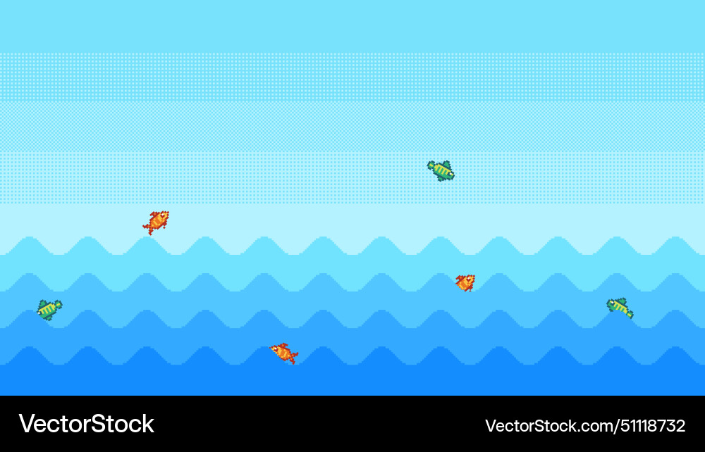 Pixel art sea waves background with fish jumping Vector Image