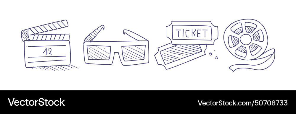 Cinema object and item pen drawing line set Vector Image