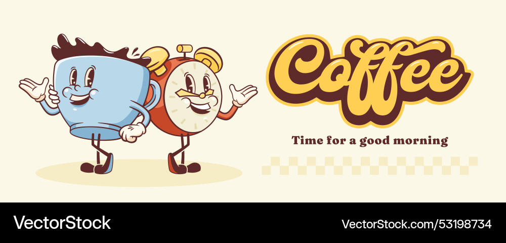 Groovy coffee mug and alarm clock retro character Vector Image