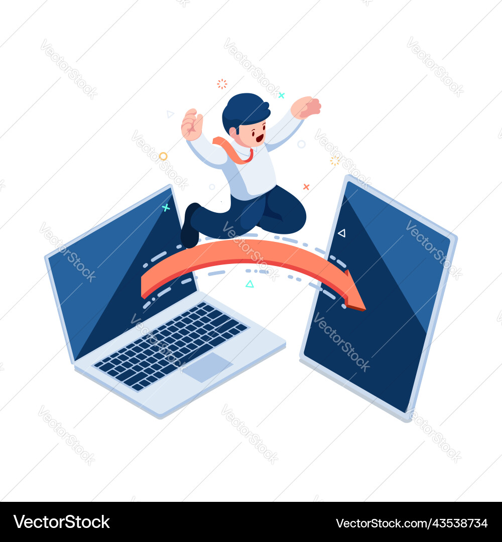 Isometric businessman jumping from laptop Vector Image