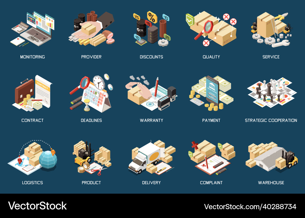 Procurement management isometric set Royalty Free Vector